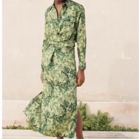 Zara | Dresses | Zara Green Jungle Botanical Safari Print Midi Dress ...